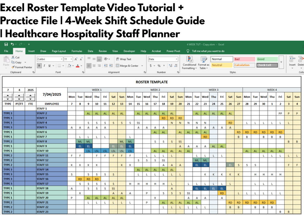 Video Tutorial – 4-Week Excel Roster Template for Shift Planning ...